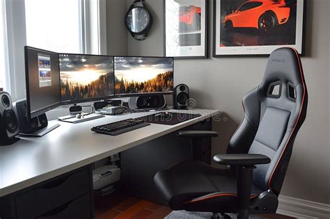 A Modern Workspace Featuring Dual Monitors Speakers And A Comfortable Gaming Chair Stock