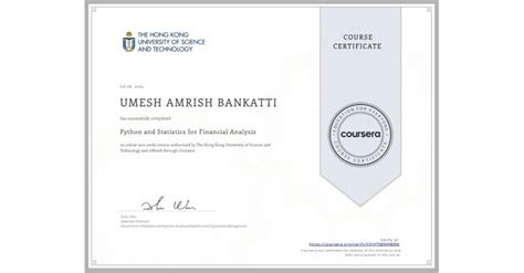 Umesh Bankatti On Linkedin Completion Certificate For Python And Statistics For Financial Analysis