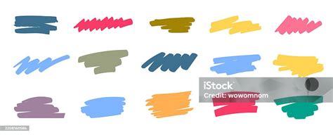 벡터 만화 추상 일러스트 화이트 컬러 배경에 다양 한 다채로운 브러시 스트로크 요소의 컬렉션 플랫 손으로 그린 낙서 스타일 디자인 간단한 다른 색상 마커 모양 세트 0명에