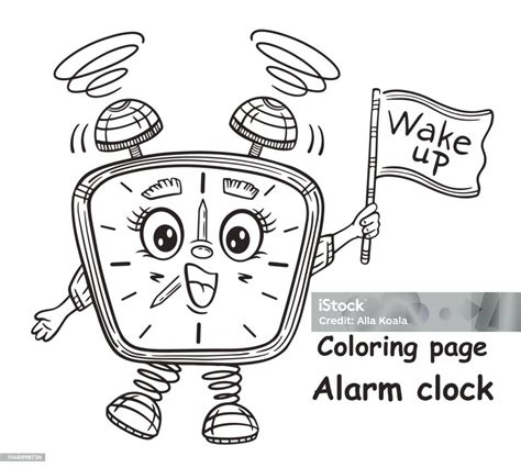 귀여운 울리는 알람 시계 캐릭터 기상 시간 색칠 공부 책 페이지 어린이 교육 게임 안녕하세요 잠에서 깨어난 타이머를 시청하십시오 흑백 아이 유치원 색칠 공부 시트를