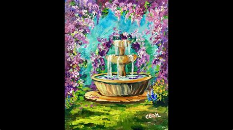 Як намалювати красивий фонтан в квітучому саду яскравий малюнок акриловими фарбами Ravlyk