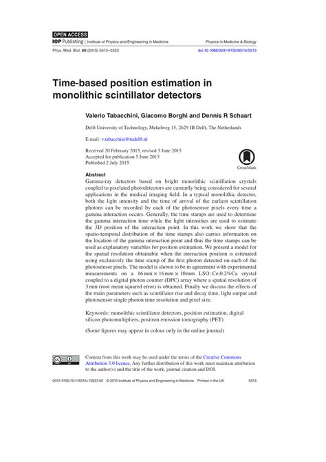 Pdf Time Based Position Estimation In Monolithic Scintillator Detectors