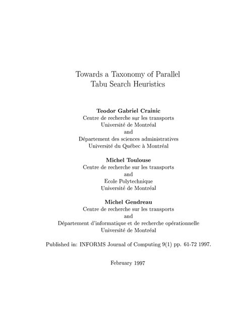 pdf towards a taxonomy of parallel tabu search algorithms