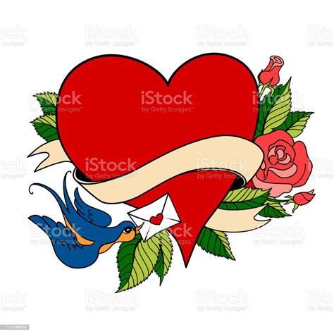 마음 고전적인 구식 문신 스타일에서 만든 벡터 발렌타인 데이 인사말 카드 고풍스런에 대한 스톡 벡터 아트 및 기타 이미지