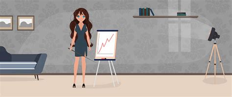 소녀는 프리젠 테이션을합니다 심플하고 트렌디한 벡터 컨셉 디자인 친절한 사업가가 프리젠 테이션 화면 옆에 서서 포인터를 들고 미소를 지었습니다 개념에 대한 스톡 벡터 아트