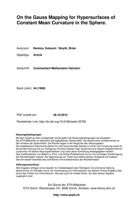 Pdf On The Gauss Mapping For Hypersurfaces Of Constant Mean Curvature In The Sphere