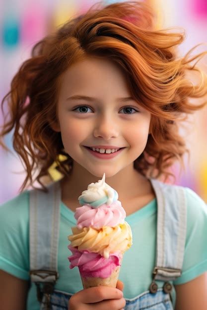 Premium Ai Image Smiling Girl Enjoying Rainbow Hair Ice Cream Ai