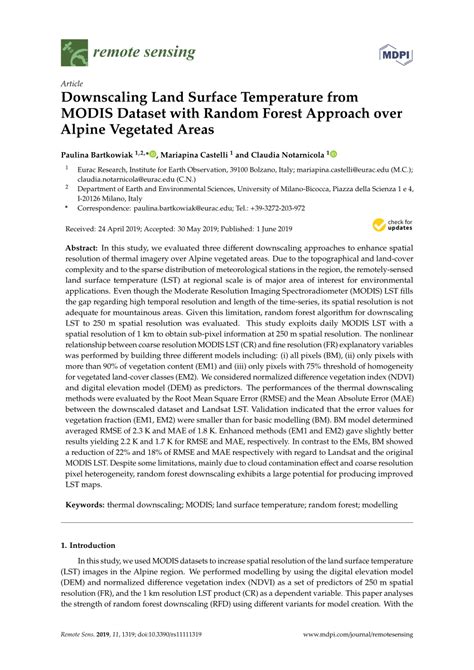 Pdf Downscaling Land Surface Temperature From Modis Dataset With Random Forest Approach Over
