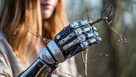 Human With Robotic Hand Grasping A Branch In Nature Stock Image Image