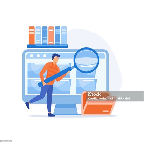 팀워크 파일 검색 모니터 디스플레이 문서 및 미디어 콘텐츠 플랫 벡터 현대 그림 감시에 대한 스톡 벡터 아트 및 기타 이미지