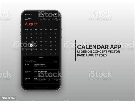 벡터 디자인 템플릿 다크 모드 캘린더 앱 Ui Ux 컨셉 페이지 2020년 8월 3차원 형태에 대한 스톡 벡터 아트 및 기타