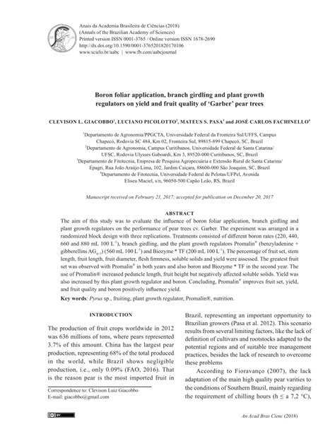 Pdf Boron Foliar Application Branch Girdling And Plant Growth Regulators On Yield And Fruit