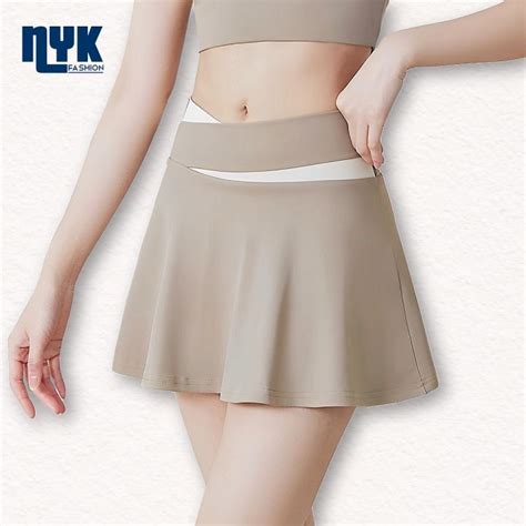 Nyk Color Splicing 2 In 1 Yoga Skirts With Liner Pants High Waist Golf