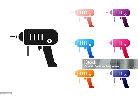 흰색 배경에 격리 된 검은 색 전기 드릴 기계 아이콘입니다 복구 도구 다채로운 아이콘을 설정합니다 벡터 일러스트레이션 가정 생활에 대한 스톡 벡터 아트 및 기타 이미지