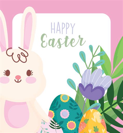Happy Easter Cute Rabbit Eggs Leaves Foliage Decoration Card 13639929 Vector Art At Vecteezy