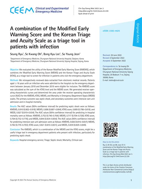 Pdf A Combination Of The Modified Early Warning Score And The Korean Triage And Acuity Scale