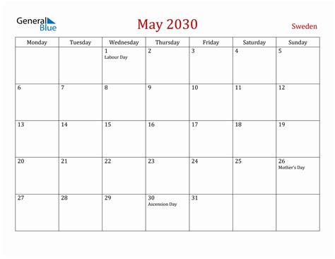 May 2030 Sweden Monthly Calendar With Holidays