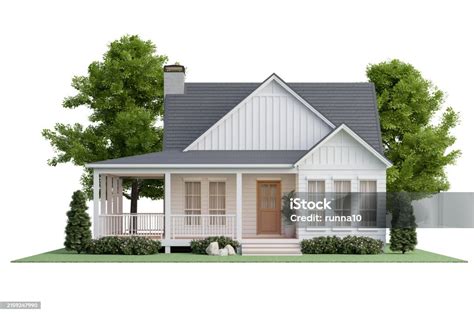 녹색 잔디밭에 있는 현대적인 스타일의 작은 별장의 정면도 흰색 배경 3d 렌더링에 고립되어 있습니다 집에 대한 스톡 사진 및 기타 이미지 Istock