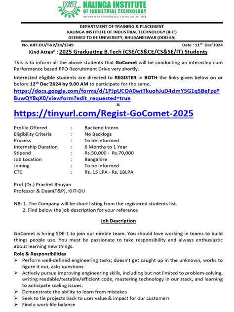 Registration For Gocomet Internship Cum Ppo Recruitment Drive For 2025 Graduating Batch Pdf