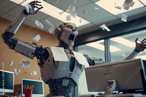 Angry Humanoid Robot In Rage Throwing Papers And Screaming In The Office Generative Ai Stock