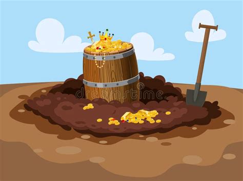 Treasure Barrel Full Of Treasures Gold Coins Digging Hole In The