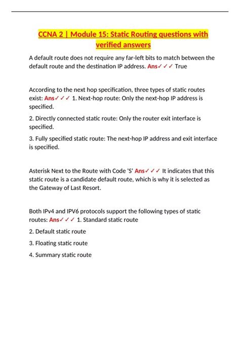 ccna 2 module 15 static routing questions with verified answers
