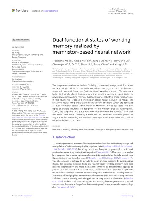Pdf Dual Functional States Of Working Memory Realized By Memristor Based Neural Network