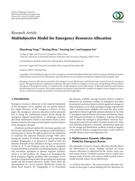 Pdf Multiobjective Model For Emergency Resources Allocation