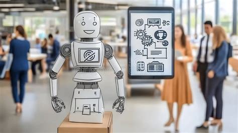 Friendly Robot In Office Setting Workflow Diagram On Tablet Automation Concept Stock