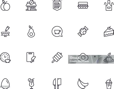 음식 라인 아이콘이 설정되었습니다 웹 디자인 모바일 앱 등을 위한 외곽선 기호 모음 과일 야채 고기 사탕 케이크의 검은 선 아이콘 0명에 대한 스톡 벡터 아트 및 기타