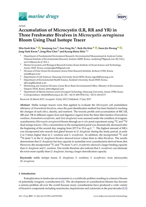 Pdf Accumulation Of Microcystin Lr Rr And Yr In Three Freshwater Bivalves In Microcystis