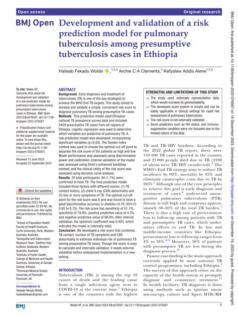 Pdf Development And Validation Of A Risk Prediction Model For Pulmonary Tuberculosis Among