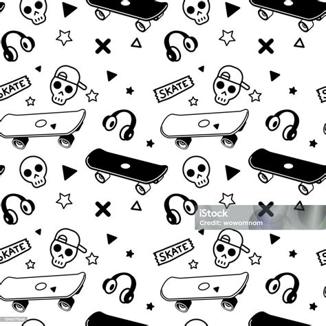 쿨 보드 헤드폰 및 단어의 벡터 일러스트레이션 만화 스케이트 보드와 두개골과 스케이트 보드 원활한 패턴 라인 아트 스타일 스케이트 0명에 대한 스톡 벡터 아트 및 기타