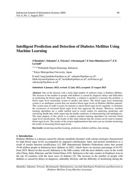 Pdf Intelligent Prediction And Detection Of Diabetes Mellitus Using Machine Learning