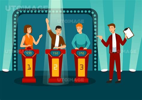 유토이미지 Tv Game Show With Three Participants Answering Questions Or Solving Puzzles And Host