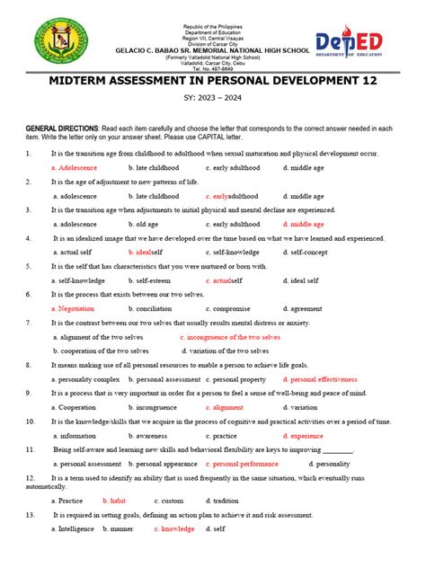 Personal Development Midterm Exam Pdf Self Concept Mental Processes