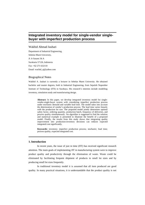 Pdf Integrated Inventory Model For Single Vendor Single Buyer With Imperfect Production Process
