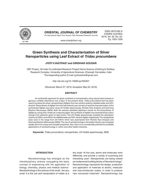Pdf Green Synthesis And Characterization Of Silver Nanoparticles Using Leaf Extract Of Tridax