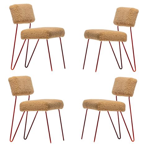 Set Of Four Iron Dorothy Schindele Dining Chairs In Red Lacquer And