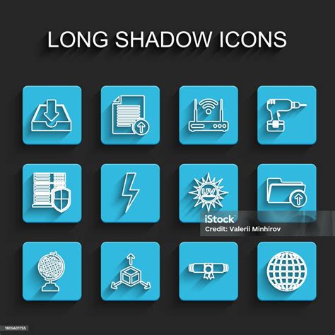 선 지구 지구본 등각 투영 큐브 받은 편지함 다운로드 디플로마 롤링 스크롤 번개 모양 폴더 및 Uv 보호 아이콘이 있는 화살표