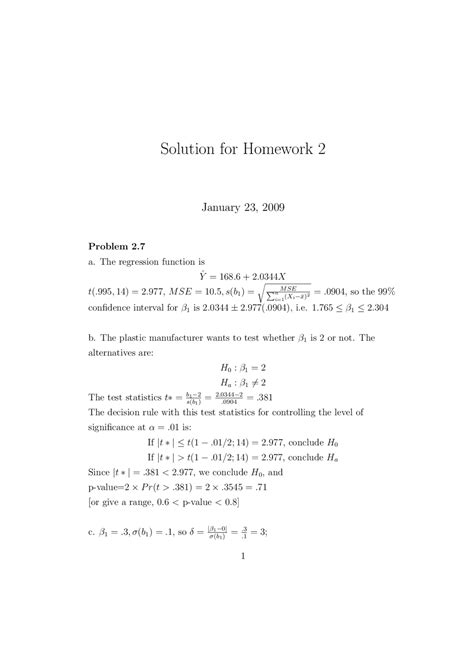Solution For Homework 2 Regression Analysis Sta 108 Docsity