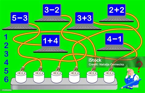 덧셈과 뺄셈에 대한 어린이를 위한 연습 문제가 있는 교육 페이지 컴퓨터 충전을 돕습니다 예제를 풉니다 관련 콘센트에 번호를 쓰십시오 벡터 이미지입니다 공부에 대한 스톡 벡터