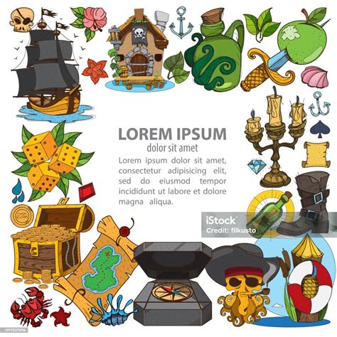 해적 테마의 사각형 프레임입니다 어린이 게임과 상품의 다양한 디자인 만화 스타일의 재미있는 캐릭터 단도에 대한 스톡 벡터 아트 및 기타 이미지 Istock