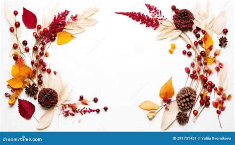 Autumn Creative Frame Composition With Dried Leaves Chestnuts Red Berries And Cones On White