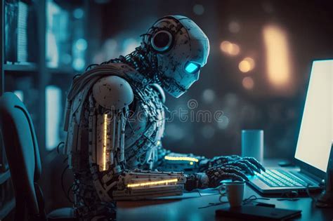 Ai Robot Working With Computer Futuristic Humanoid Worker Generative Ai Stock Illustration