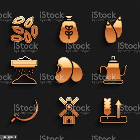 세트 콩 풍차 밀 급수 캔 낫 밀가루 씨앗과 아이콘을 선별 벡터 검은색에 대한 스톡 벡터 아트 및 기타 이미지 검은색 곡초류 금 금속 Istock