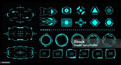 Hud 키트 미래 가상 게임 Ui 네온 버튼과 프레임 Vr 메뉴용 디지털 그래픽 홀로그램 요소 시력 및 뷰 파인더 로딩 공정 표시기입니다 벡터 인터페이스 표시 세트 헤드업