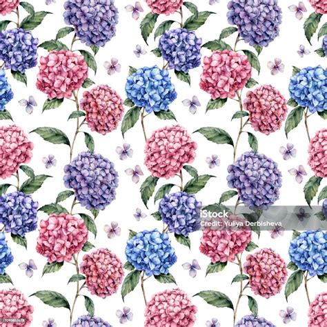 수채화 수 국 원활한 패턴입니다 손으로 그린 블루 바이올렛 핑크 꽃 나뭇잎과 흰색 배경에 고립 된 지점 디자인 인쇄 직물을 위한