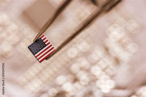 Flag Of USA On A Processor CPU Central Processing Unit Or GPU Microchip On A Motherboard