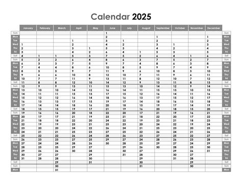 Printable Yearly Calendar 2025 Excel 2025 Blank Calendar Download